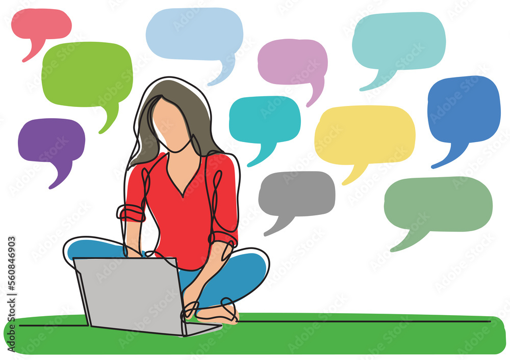 continuous line drawing woman with laptop speech bubbles colored - PNG ...