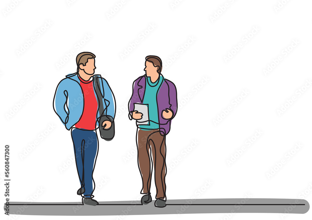 one line drawing two men walking talking colored colored - PNG image ...