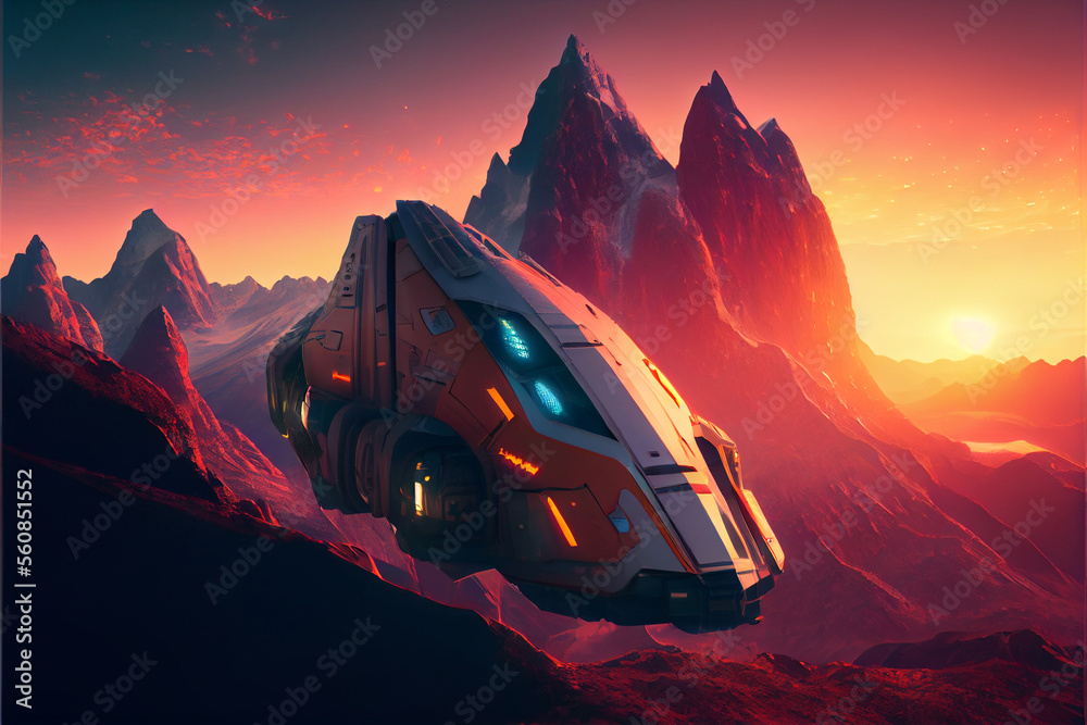 futuristic alien spaceship launch in galaxy. Futuristic starship flying ...