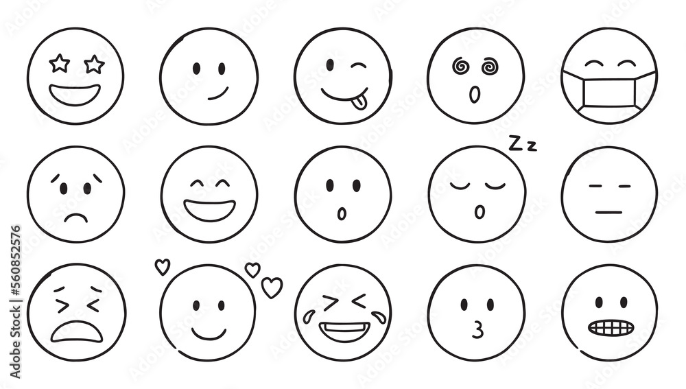Emoji doodle icons. Set of happy, sad, smiling faces. Funny emoticons ...