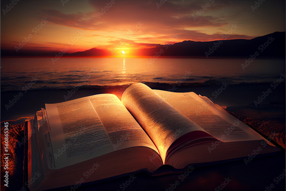 Open Bible on a table with sunset light and sea background. ai ...