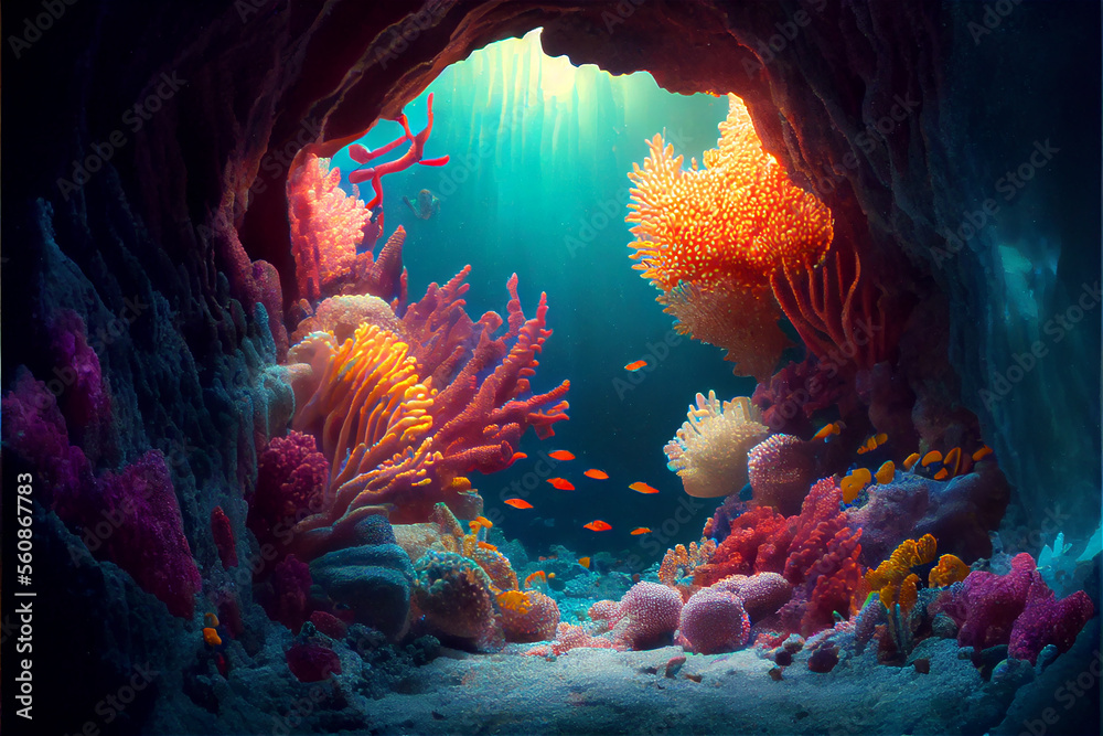 Colorful cave in the ocean with blue light, perfect for backgrounds ...