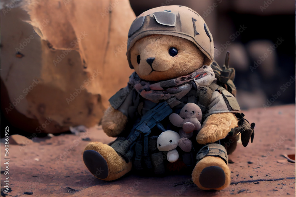 Teddy bear in combat gear in a battle field, symbolizing the horrors of ...