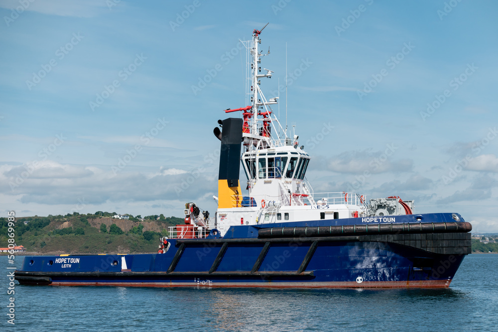 The Hopetoun tug boat moored in the Firth of Forth for the Hound Point ...