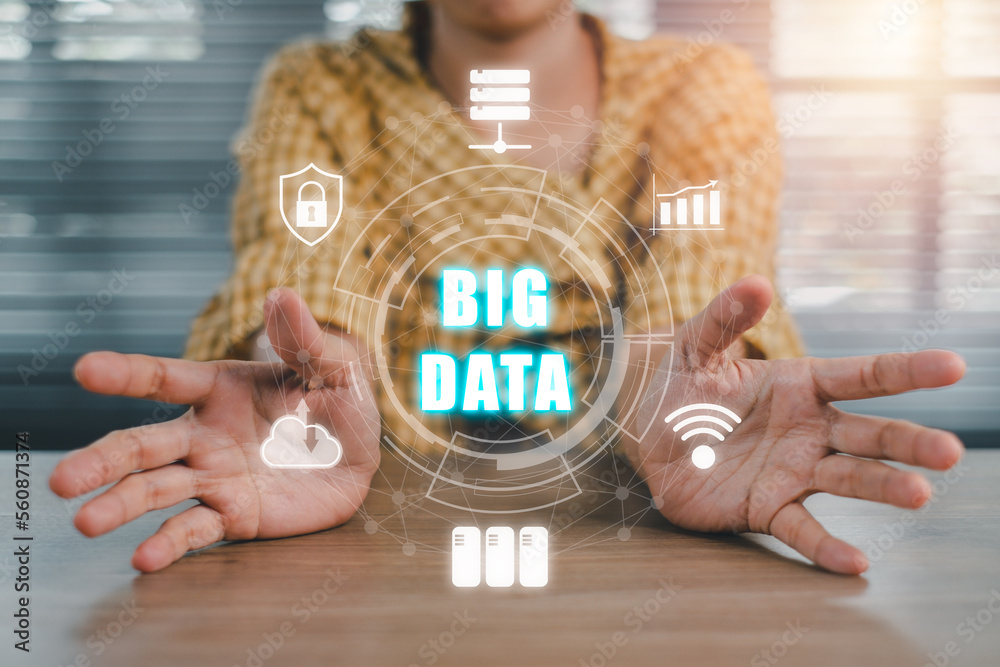 Big data concept, Person hand holding big data icon on vr screen on ...