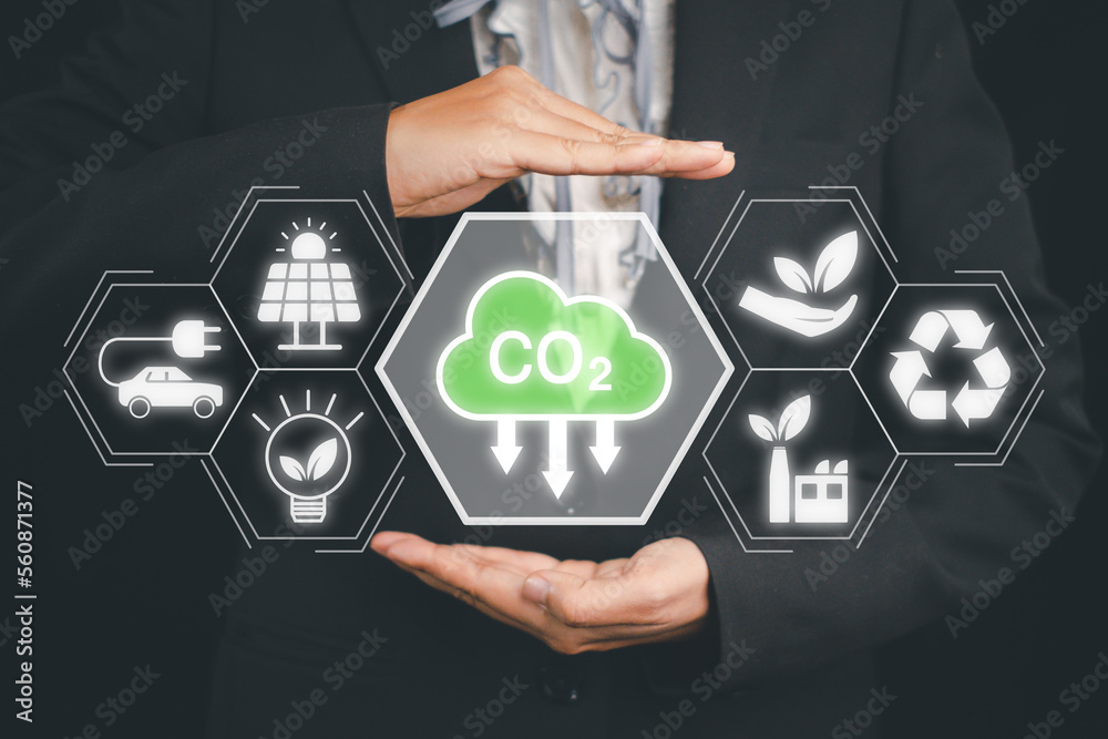 Reduce CO2 emission concept, Person hand holding CO2 icon on virtual ...