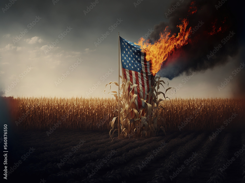 american flag burning in a cornfield created with Generative AI technology Stock Illustration ...