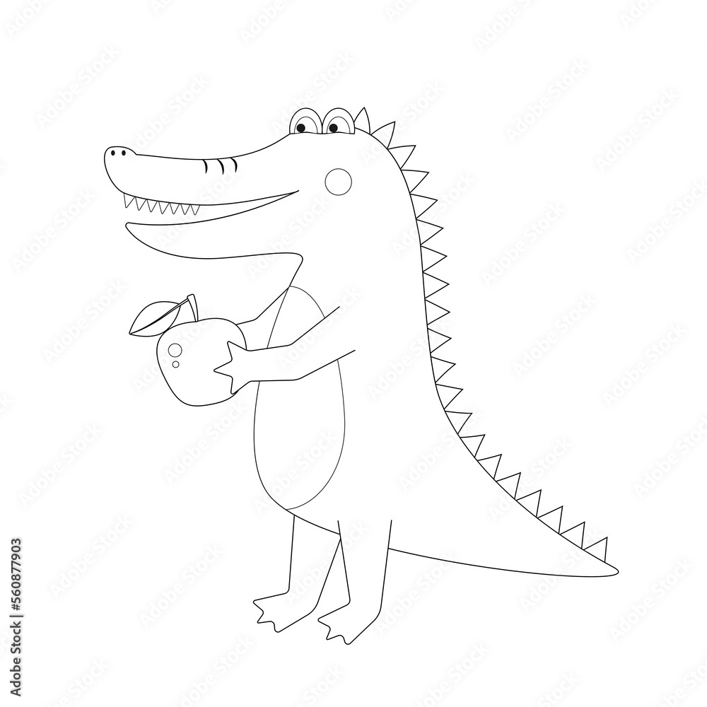 Coloring page. Black and white illustration. The alligator is holding ...