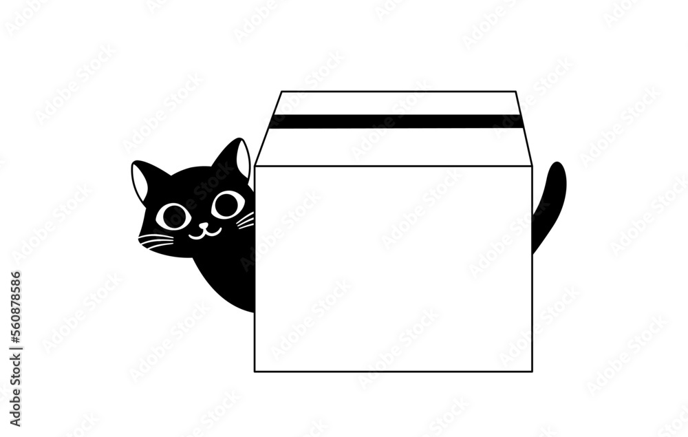 Black cat with box doodle. Charming and cute kitten peeks out from ...