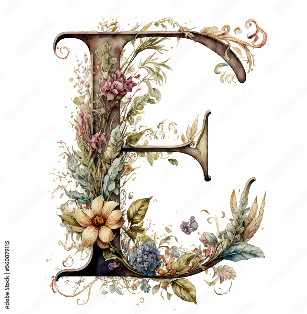 letter E monogram watercolor floral wildflowers weddings isolated ...