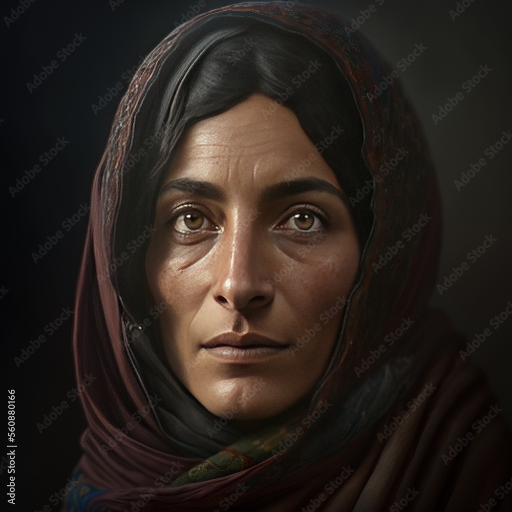 Serious middle eastern mature woman wearing a hijab looking at the ...