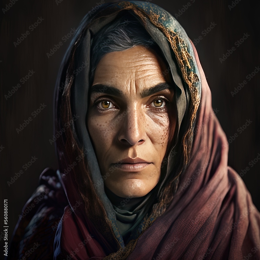 Serious middle eastern mature woman wearing a hijab looking at the ...