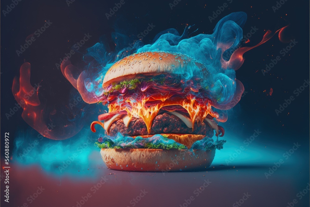 burning burger sandwich with flames generative ai Stock Illustration ...