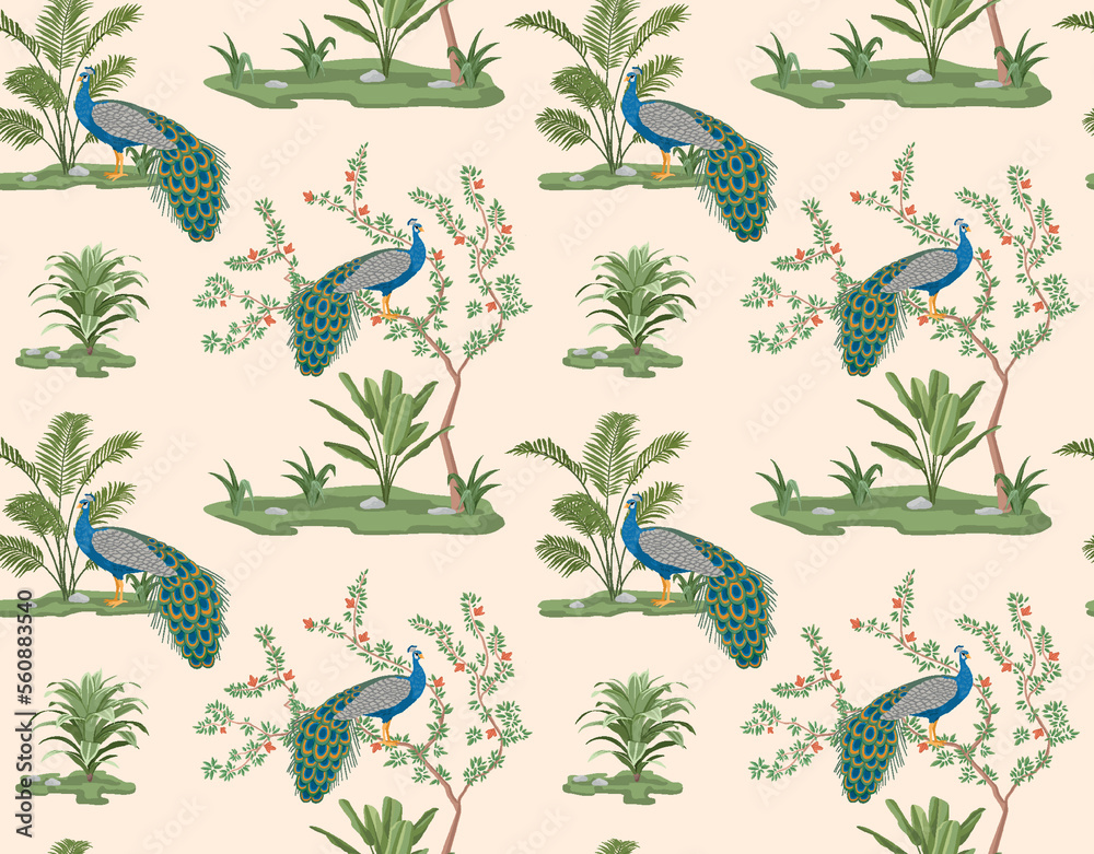 Exotic chinoiserie peacock seamless pattern. Repeating design element ...