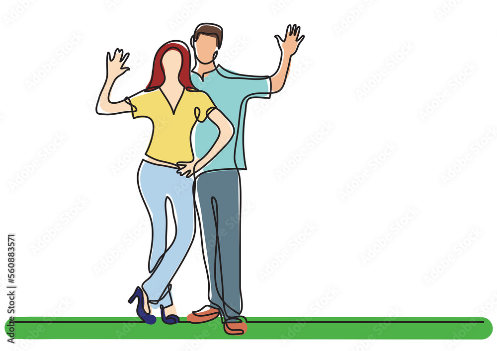 continuous line drawing happy couple waving hello colored - PNG image ...