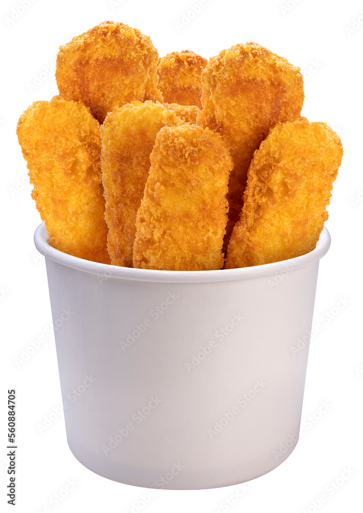 Fried Fish sticks in paper bucket on white, Fried fish fingers on White ...