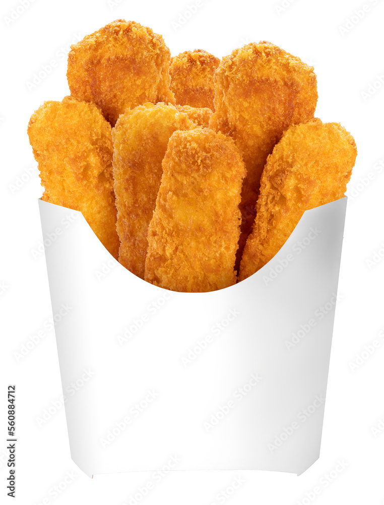 Fried Fish sticks in paper bucket on white, Fried fish fingers on White ...
