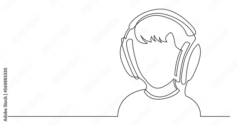 continuous line drawing of boy listening music in headphones - PNG ...