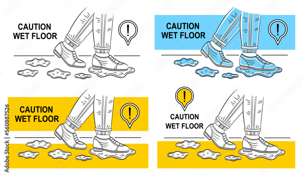 Wet slippery floor caution, danger human feet slip walking on clean ...