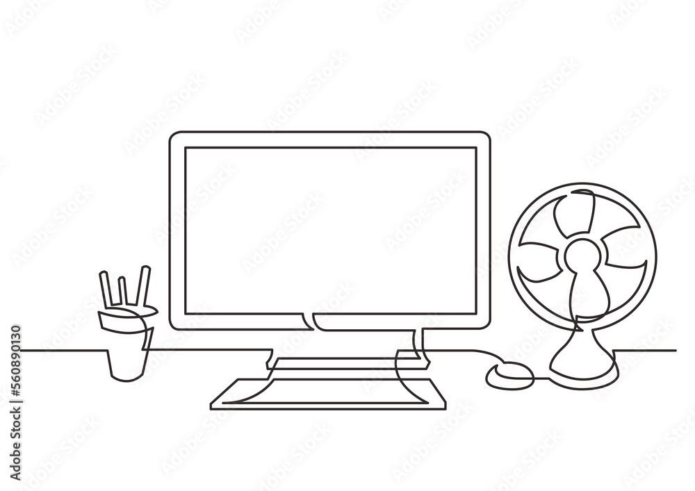 continuous line drawing work desk computer cooling fan - PNG image with ...