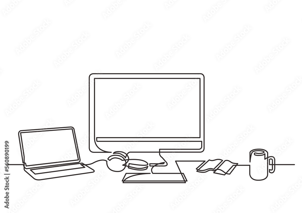 continuous line drawing work desktop computer laptop mug - PNG image ...