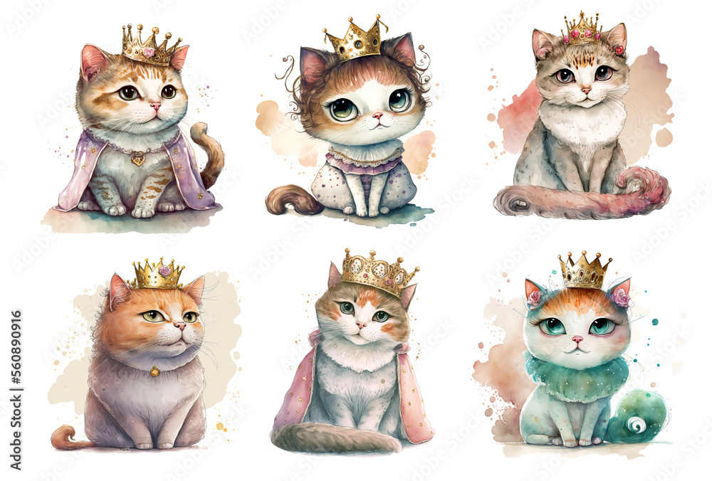 Set of cute watercolor royal cats with crown isolated on white ...