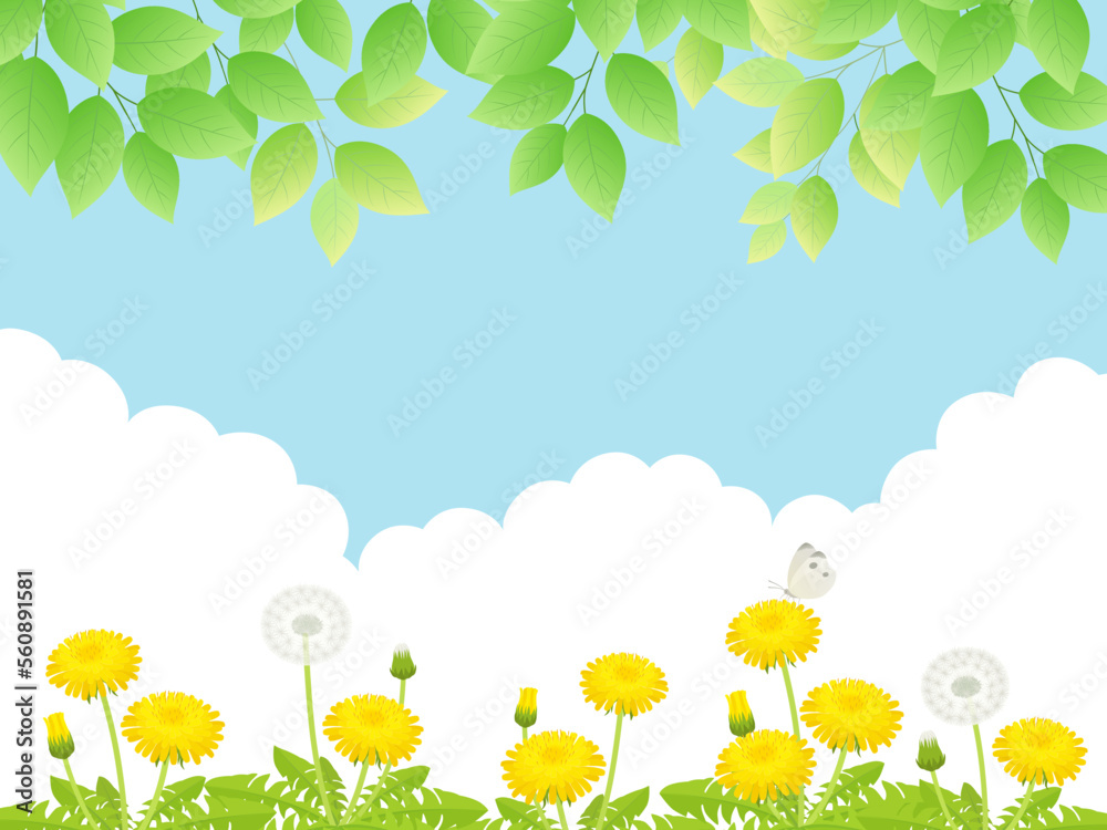 新緑とたんぽぽと青空風景背景ベクターイラスト Stock Vector Adobe Stock