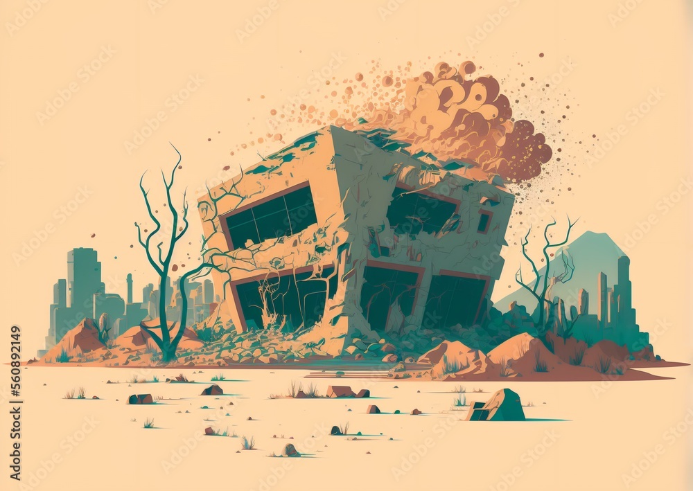 destroyed building, with debris scattered around, showing the immediate ...