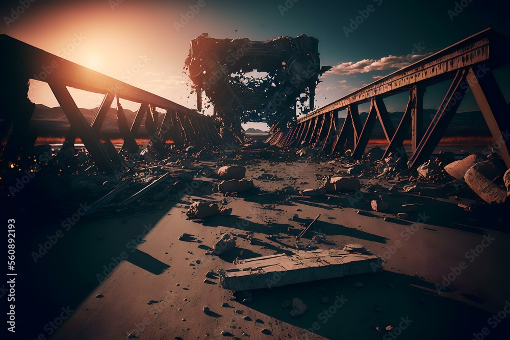 destroyed bridge, with debris scattered around, showing the immediate ...