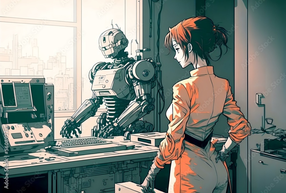 robot working alongside a human in a laboratory or factory setting ...