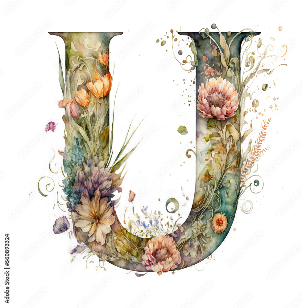 letter U monogram watercolor floral wildflowers weddings isolated ...