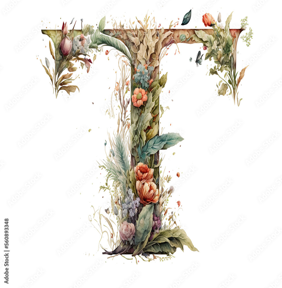 letter T monogram watercolor floral wildflowers weddings isolated ...
