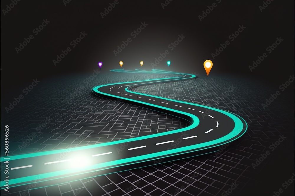 Roadmap design, neon glowing, forward movement, dark environment ...