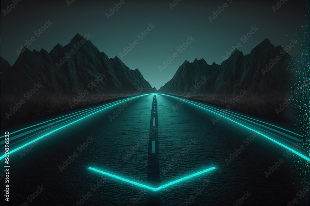 Roadmap design, neon glowing, forward movement, dark environment ...