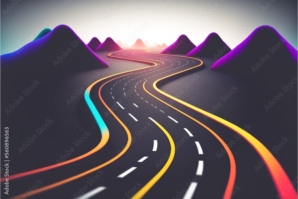 Roadmap design, neon glowing, forward movement, dark environment ...