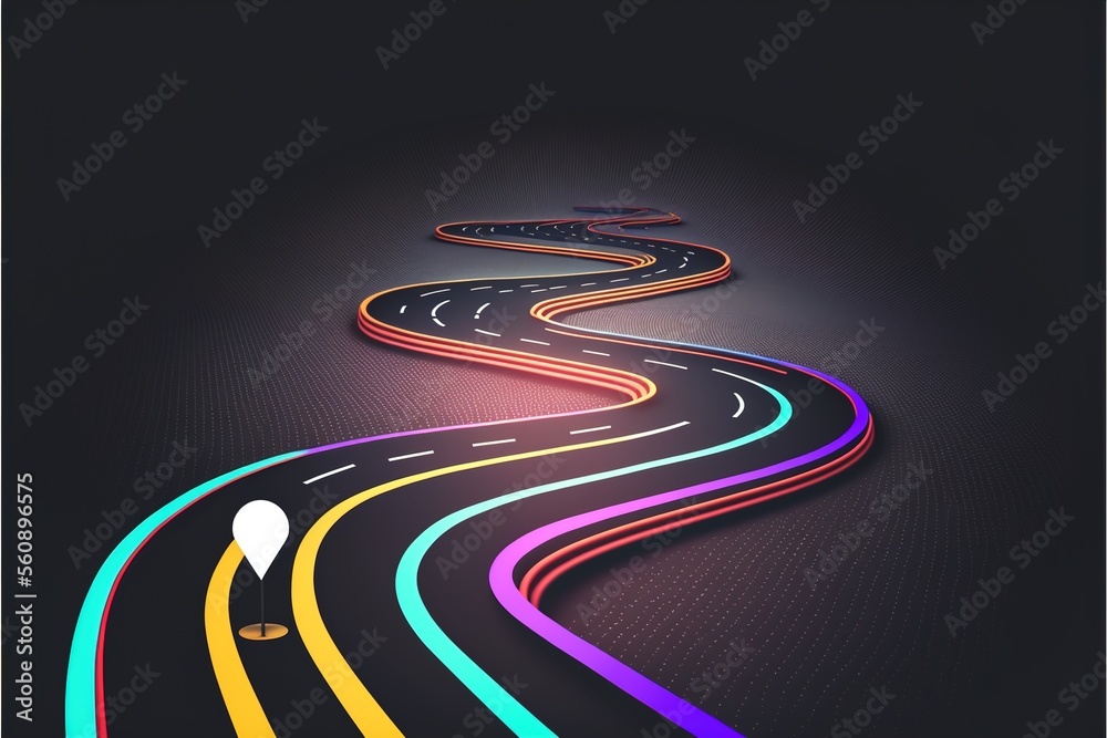 Roadmap design, neon glowing, forward movement, dark environment ...