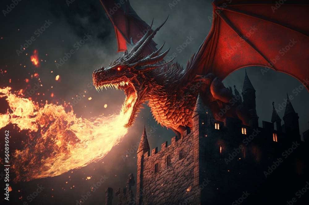 Mystical red dragon breathing fire. Generative Ai. Stock Illustration ...