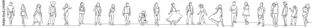 continuous line drawing of group of various common diverse people ...