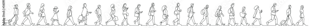 continuous line drawing of group of various common people walking on ...