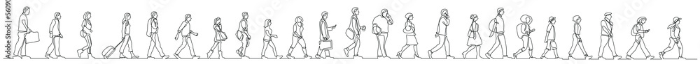 continuous line drawing of group of various diverse people walking on ...
