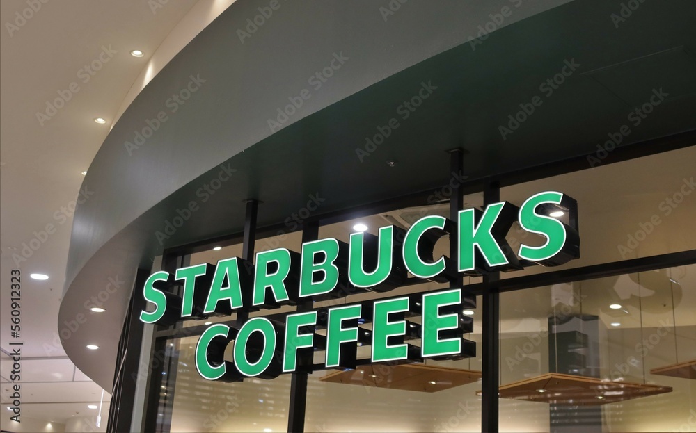 Starbucks cafe entrance sign at AEON LakeTown in Saitama, Japan ...