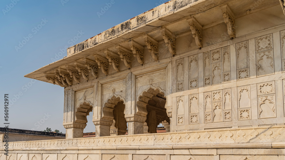Details of the architecture of the ancient Red Fort. The white marble ...