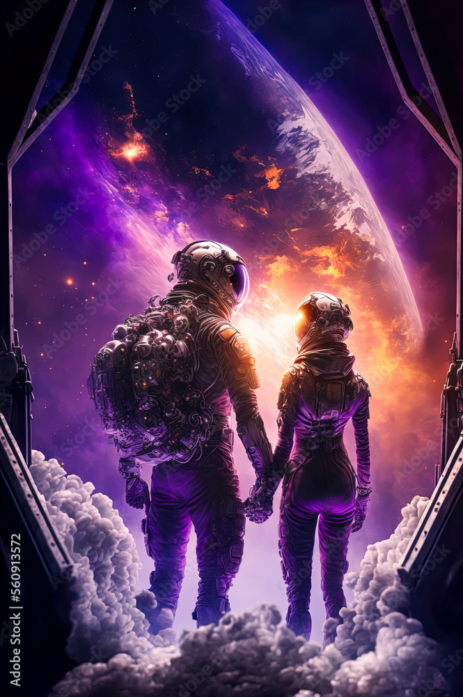 two astronauts standing in the clouds holding hands, two astronauts ...