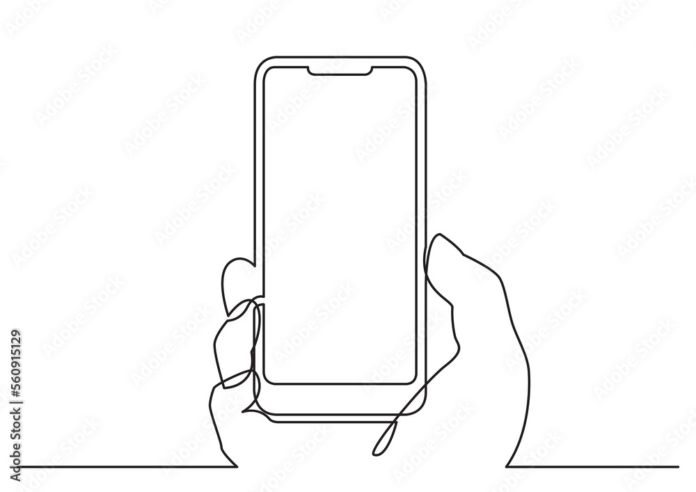 continuous line isolated vector object hand with modern mobile phone ...