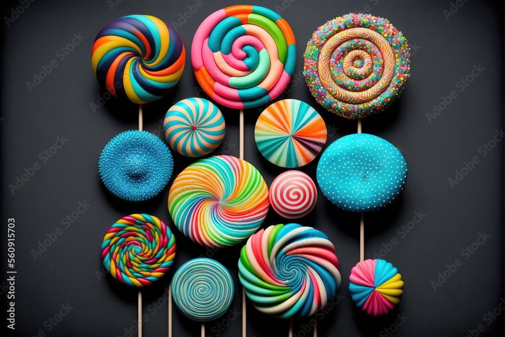 a group of lollipops sitting on top of each other on a stick in front ...