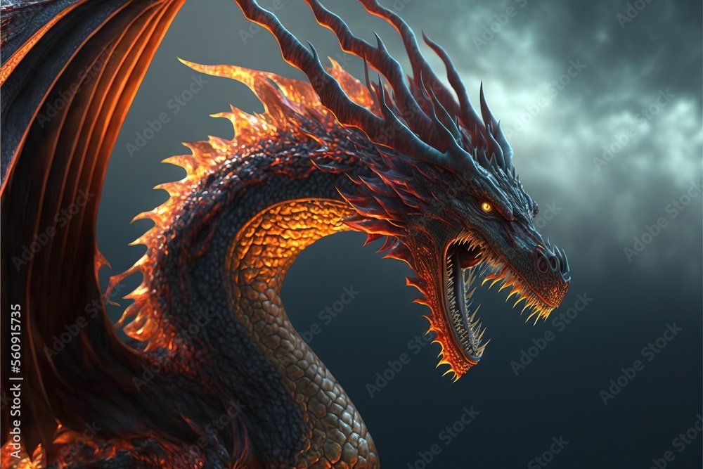 a dragon with a large head and a long tail, with its mouth open and its ...