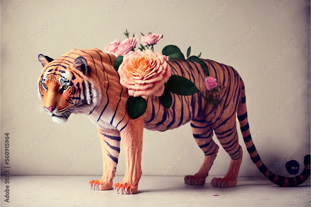 a tiger statue with a flower arrangement on its back and a tiger figure ...