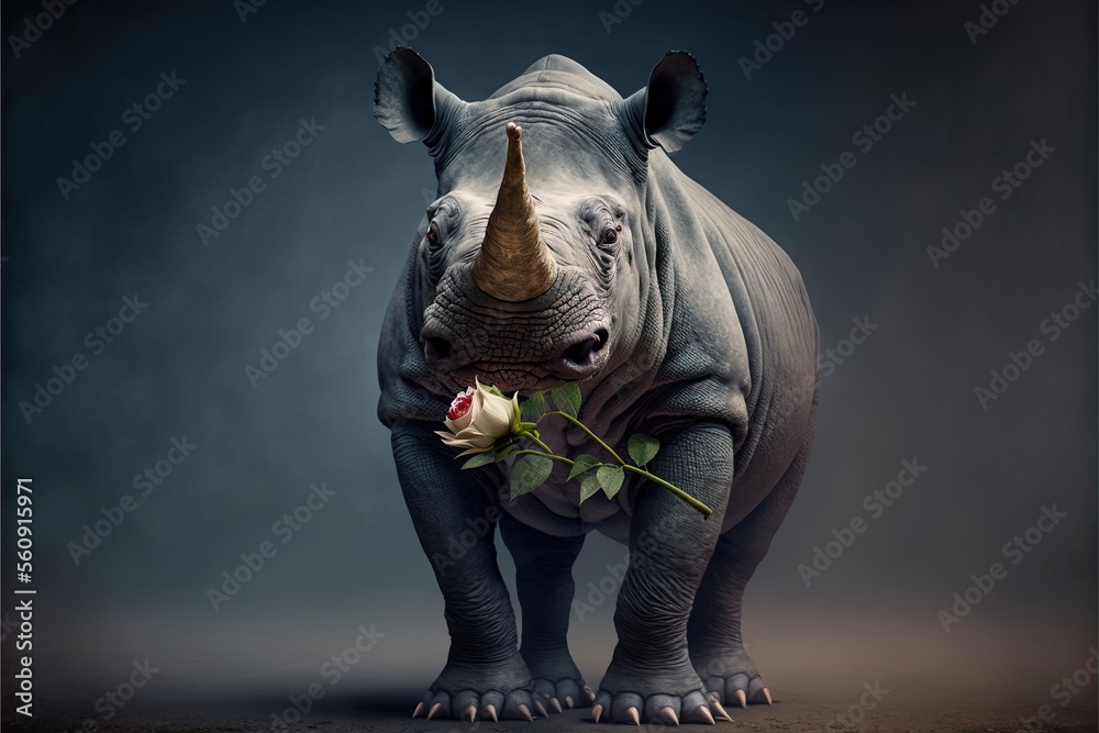a rhino with a flower in its mouth and a rhino horn on its head ...