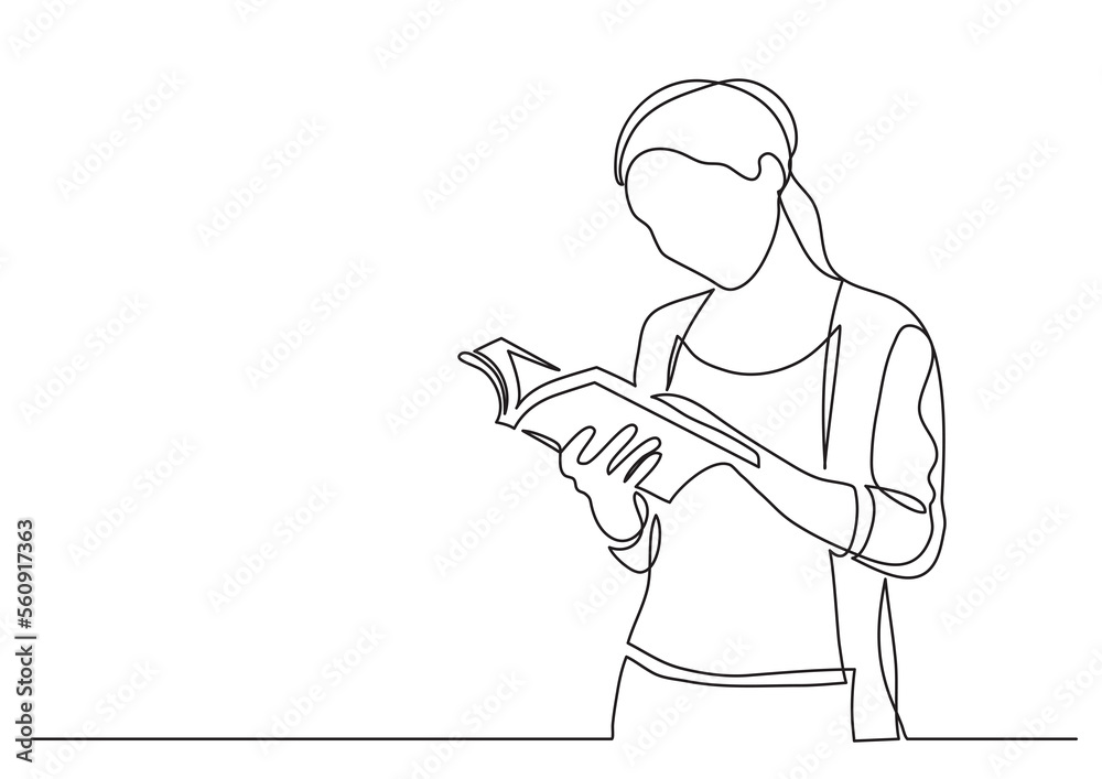 continuous line drawing woman standing reading book - PNG image with ...