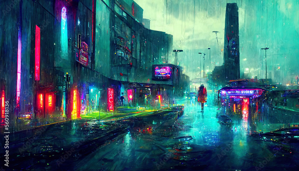 Wet road in rainy street in future cyberpunk city with neon lights ...